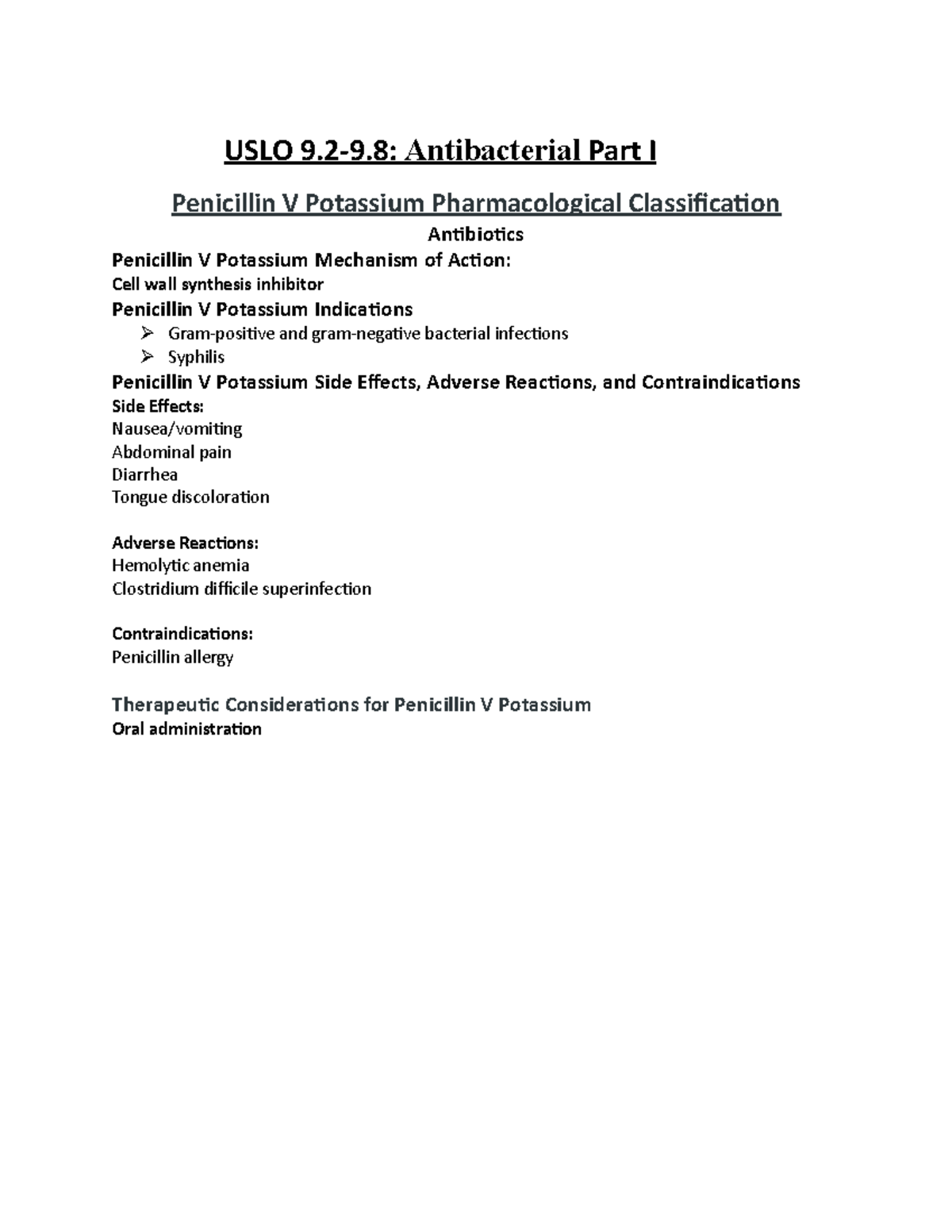 Pharmacology USLO 9 - USLO 9.2-9: Antibacterial Part I Penicillin V ...