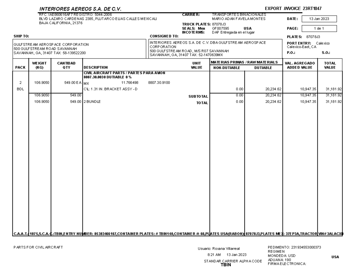 23RT1047 - fhfhfh - INTERIORES AEREOS S. DE C. RFC: IAE860616AF7 ...