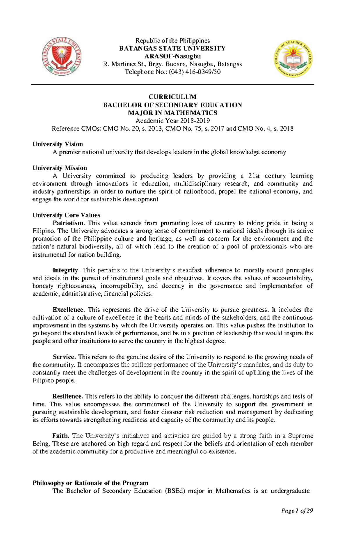 BSEd Major In Mathematics Curriculum Revised - Republic of the ...
