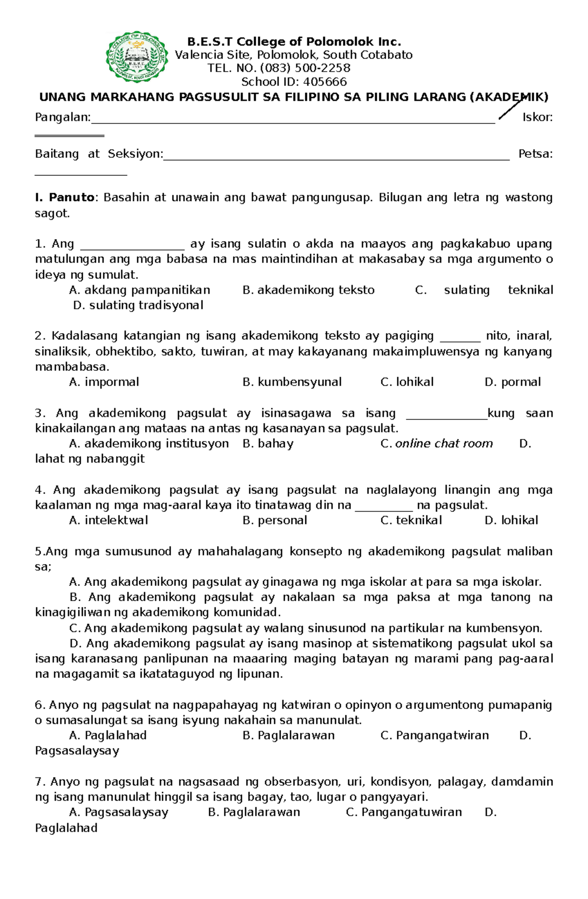12- Humss - Sample of test paper. - B.E.S College of Polomolok Inc ...
