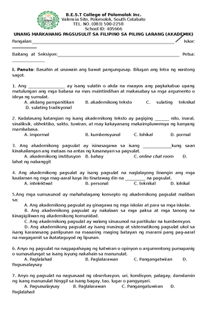 ESP - Sample of test paper. - B.E.S College of Polomolok Inc. Valencia ...