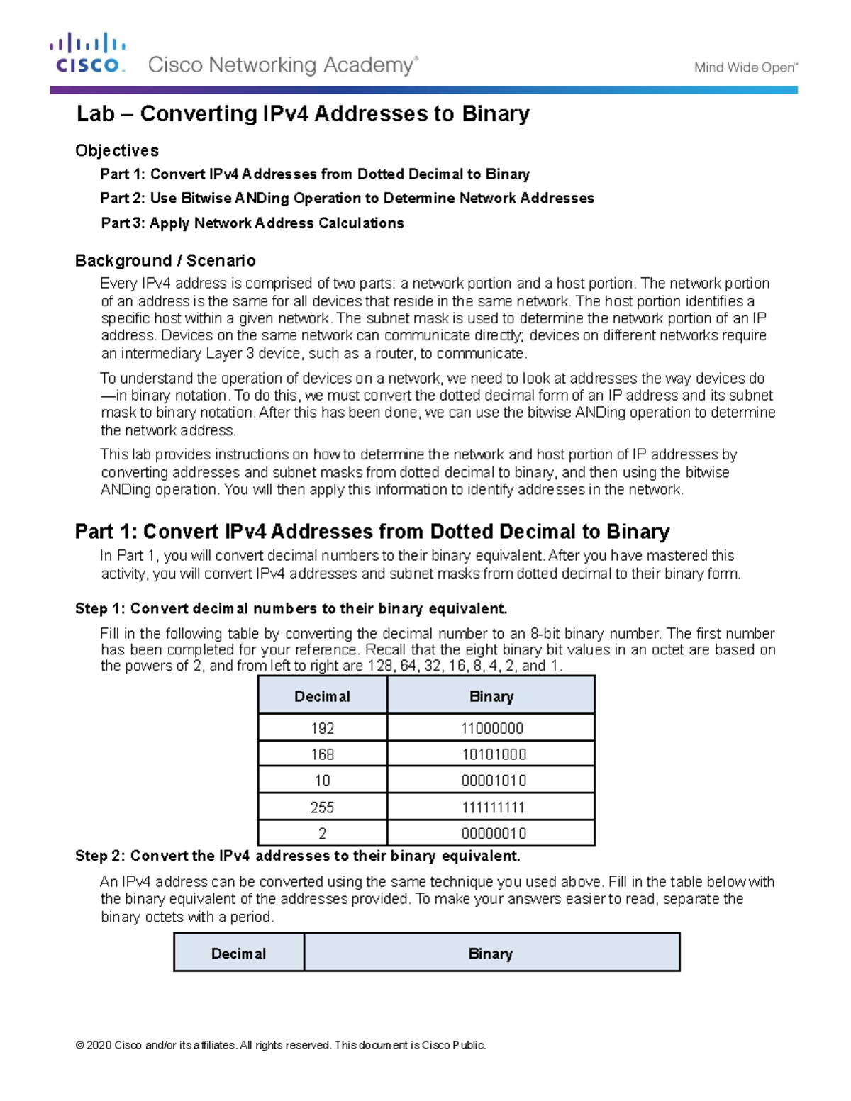 Lab 1.1 Converting IPv4 Addresses to Binary - Objectives Part 1: Convert IPv4 Addresses from ...