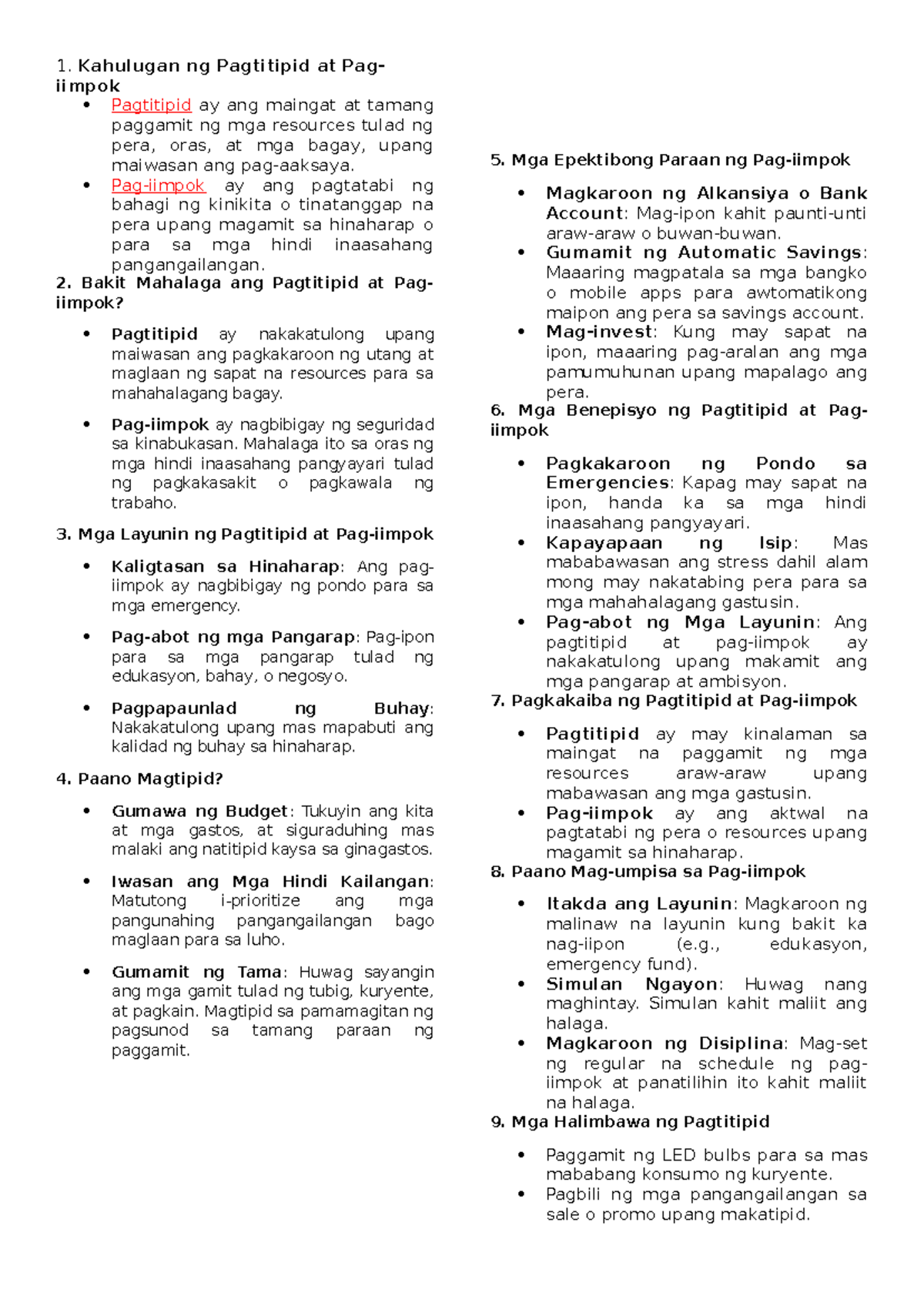 Notes Pagtitipid at Pag-iimpok - 1. Kahulugan ng Pagtitipid at Pag ...