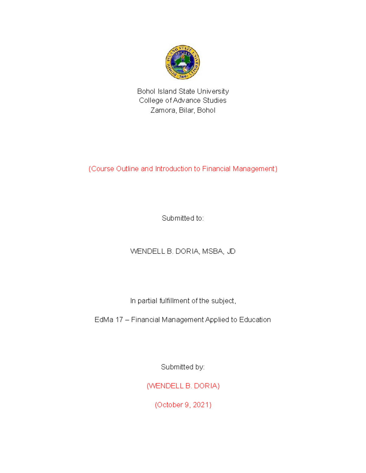 Course Outline to Financial Management Applied to education - Bohol ...