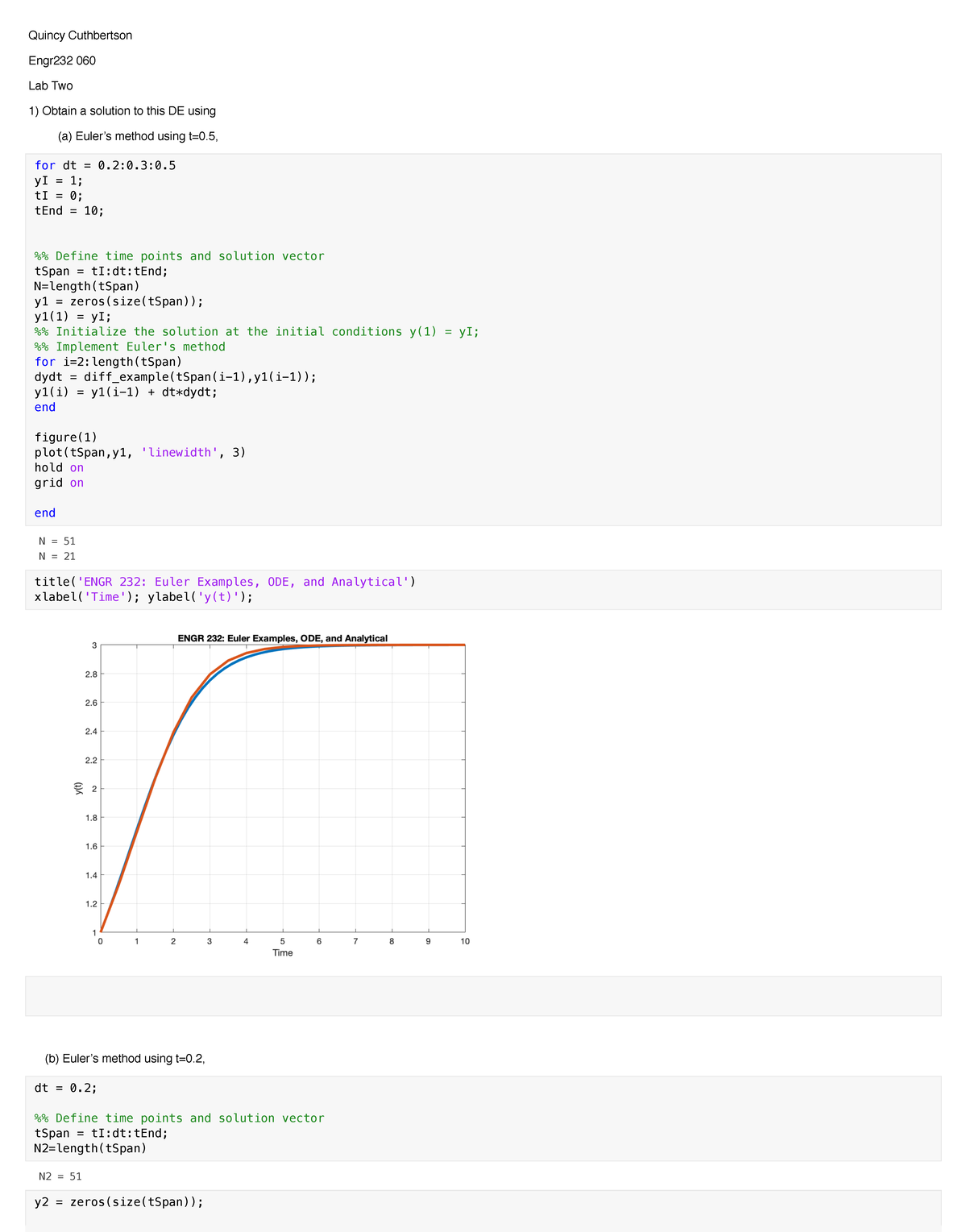 Dynamic Engineering MatLab - 2 - Quincy Cuthbertson Engr232 060 Lab Two ...