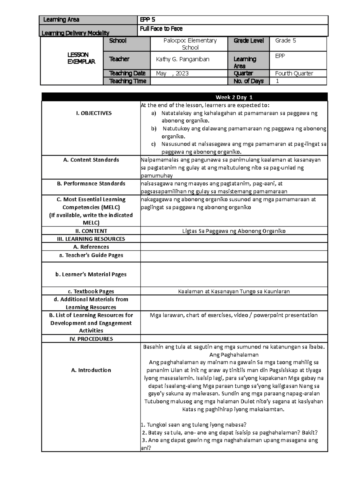 EPP-5-Q4-W2 - AGRI LP - Learning Area EPP 5 Learning Delivery Modality Full Face to Face LESSON ...