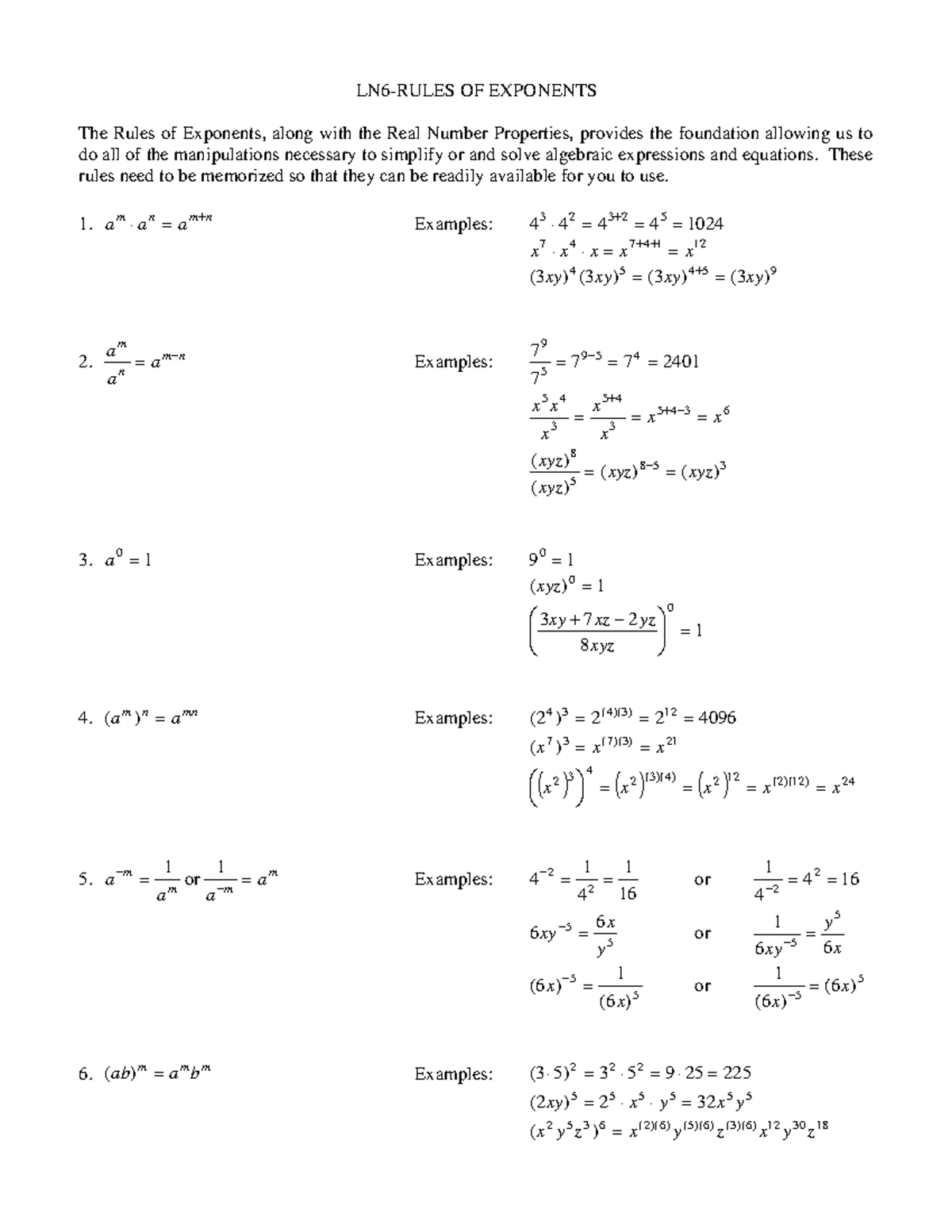 LN6 - Rules of Exponents (Redux) - LN6-RULES OF EXPONENTS The Rules of ...