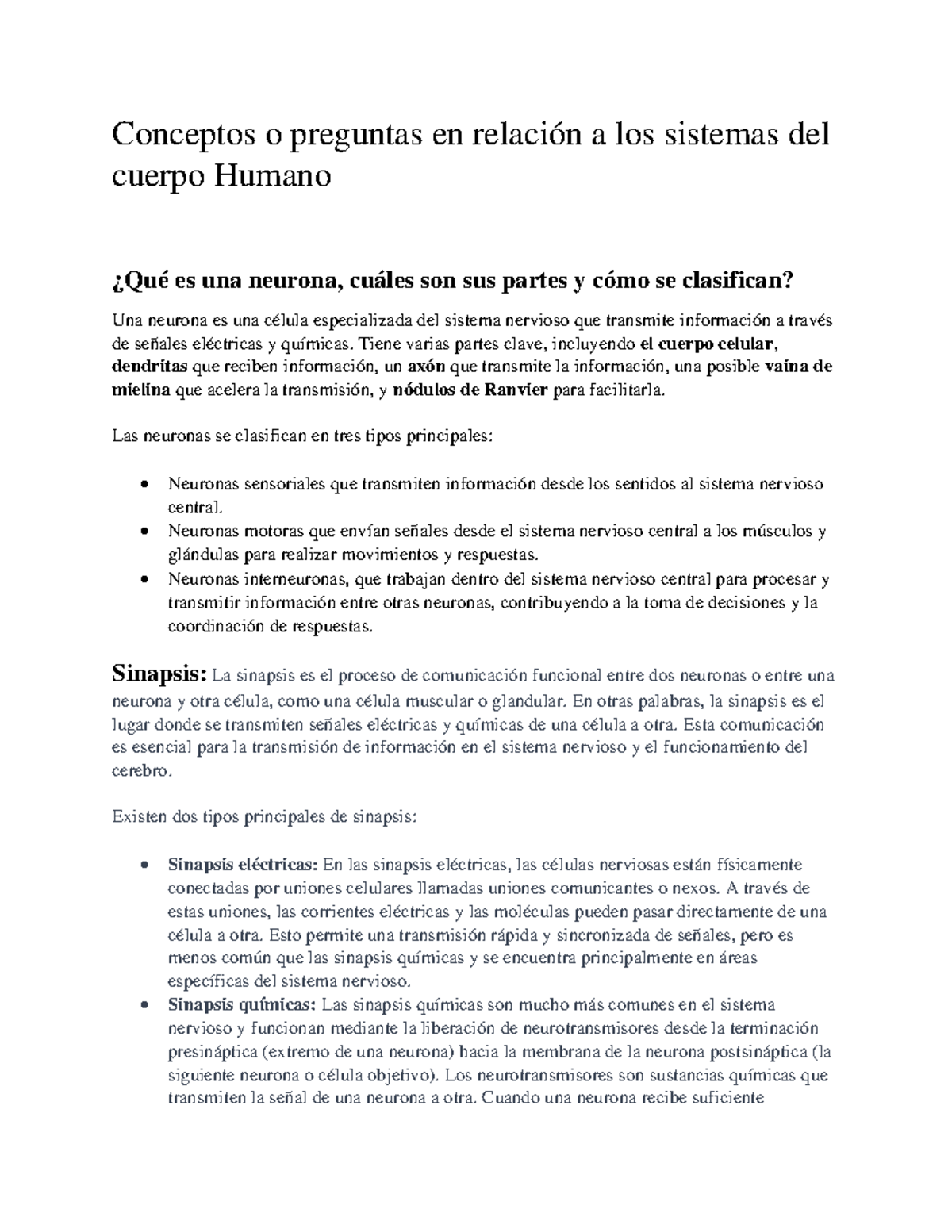 Conceptos o preguntas en relación a los sistemas del cuerpo - Conceptos ...