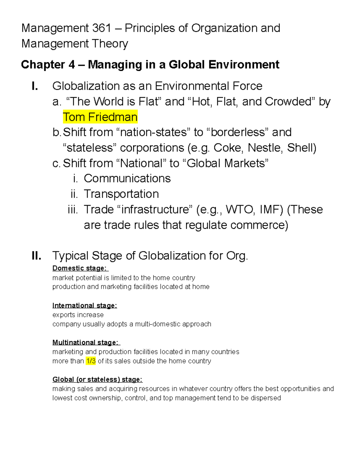 Chapter 4 Outline - Management 361 – Principles of Organization and ...