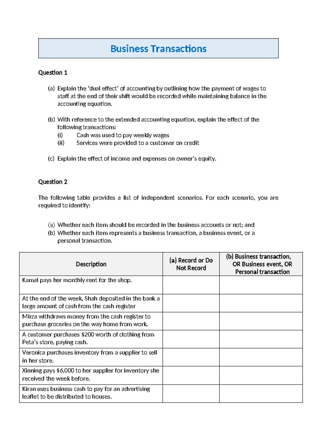 Topic 6 - Business Transactions - Business Transactions Question 1 (a ...