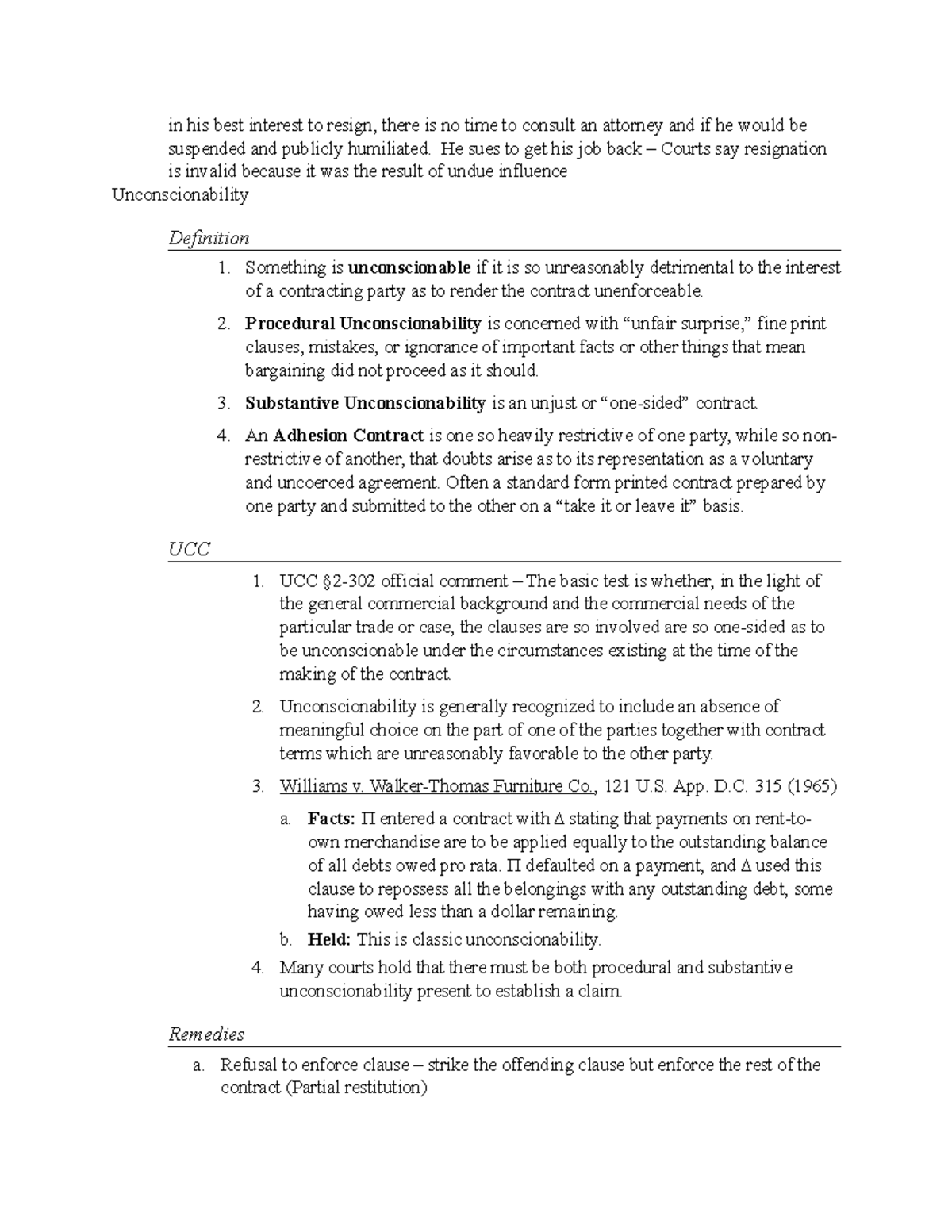 Notes on Unconscionability - in his best interest to resign, there is ...