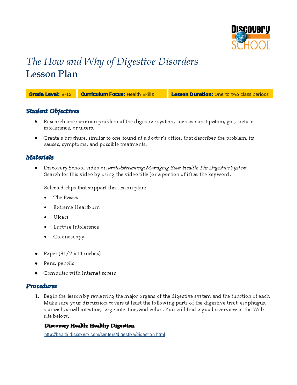 9-12 Other The How And Why Of Digestive Disorders - Student Objectives ...