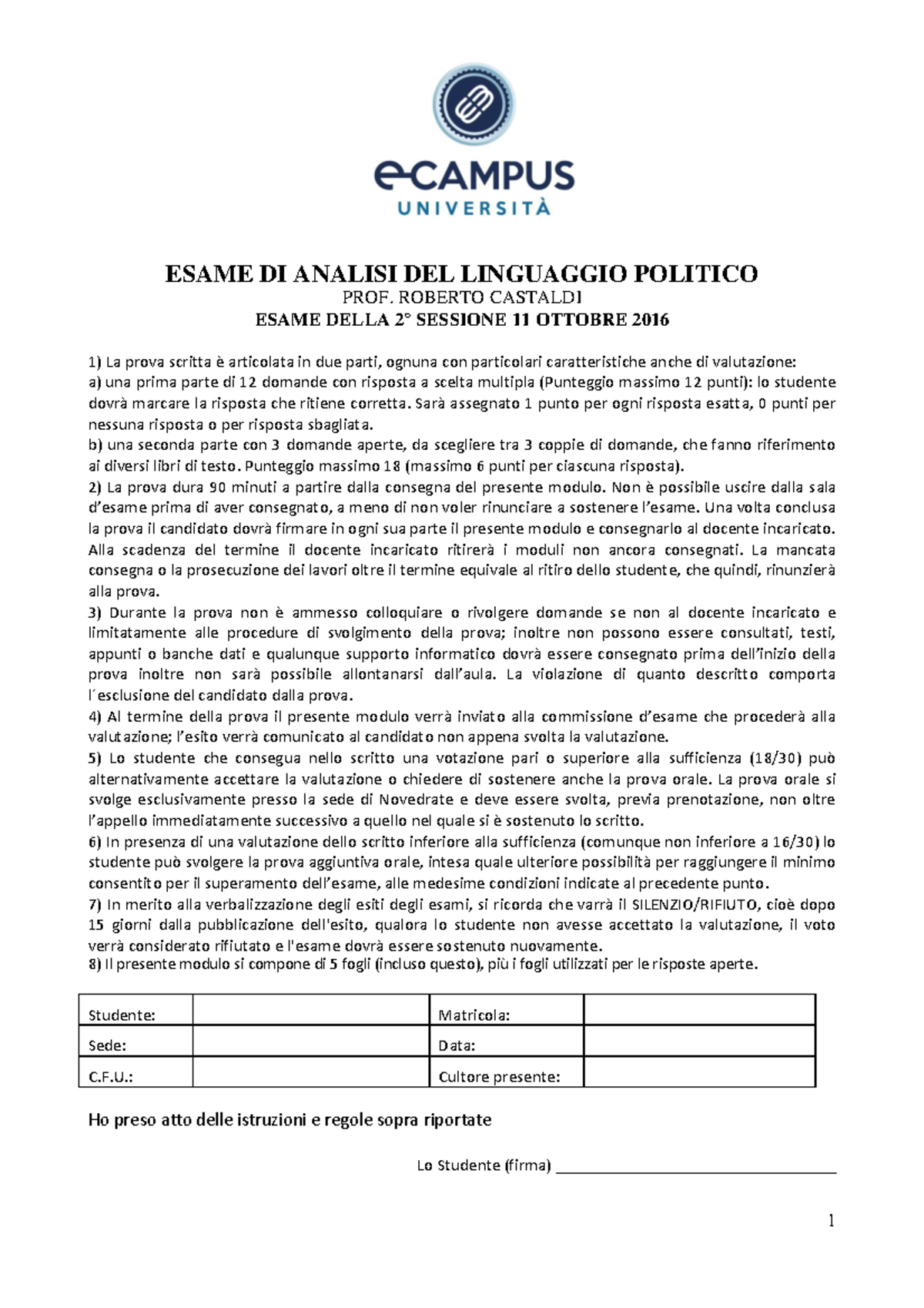 Paniere 1 analisi - Esercitazione - ESAME DI ANALISI DEL LINGUAGGIO ...