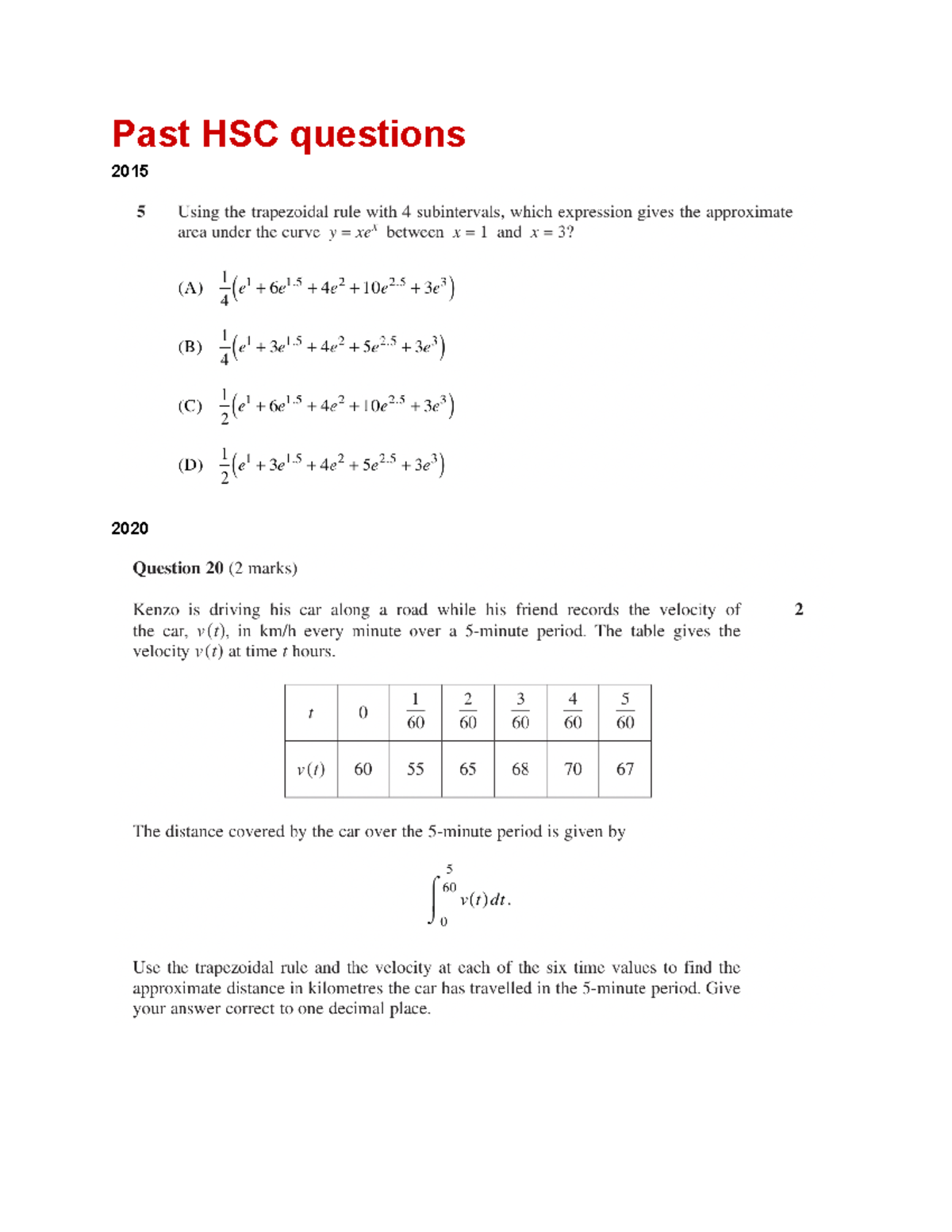 Past HSC questions - trapezoidal rule - Past HSC questions 2015 2020 ...