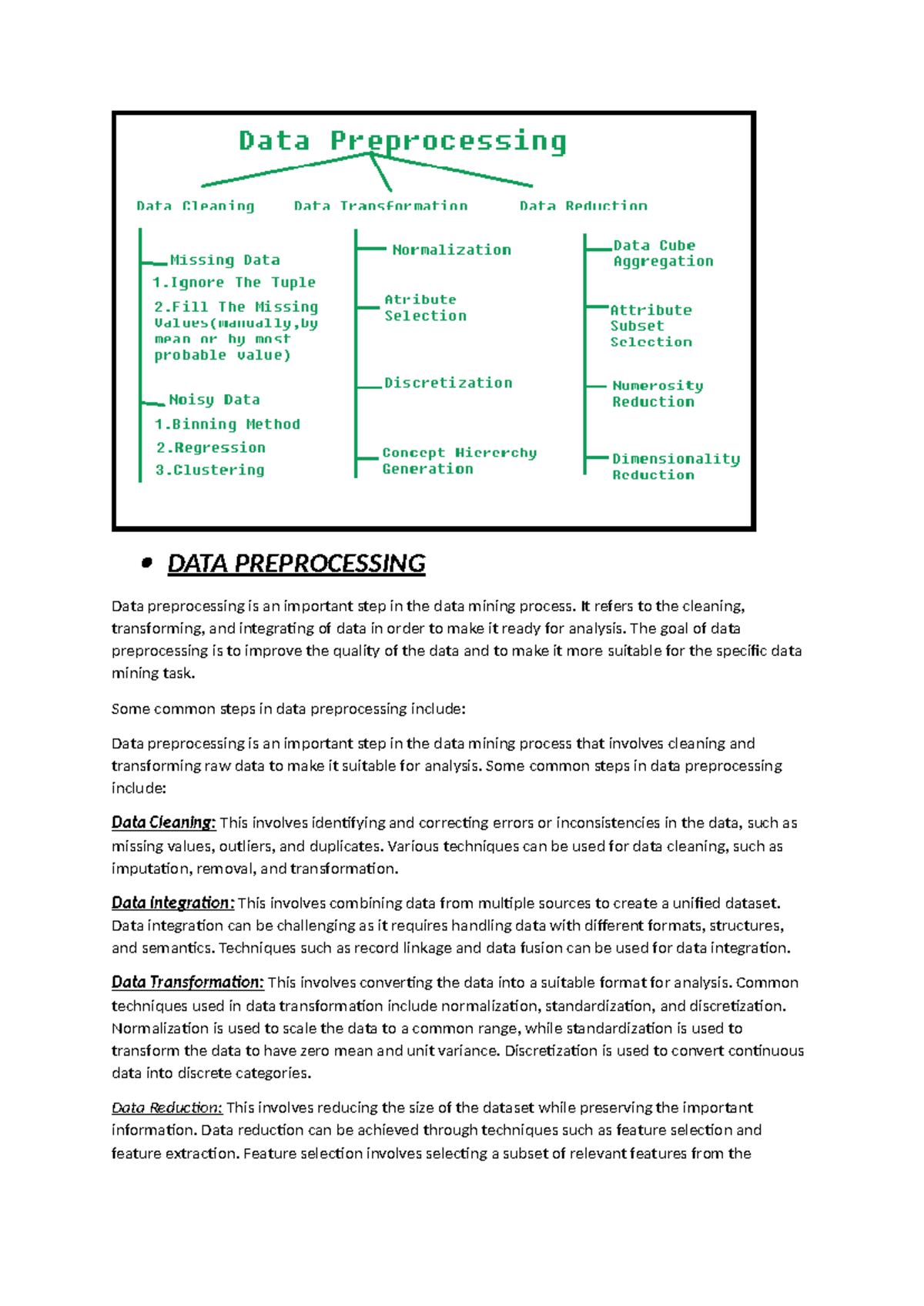 DWDM UNIT 2 - DWDM notes - DATA PREPROCESSING Data preprocessing is an ...