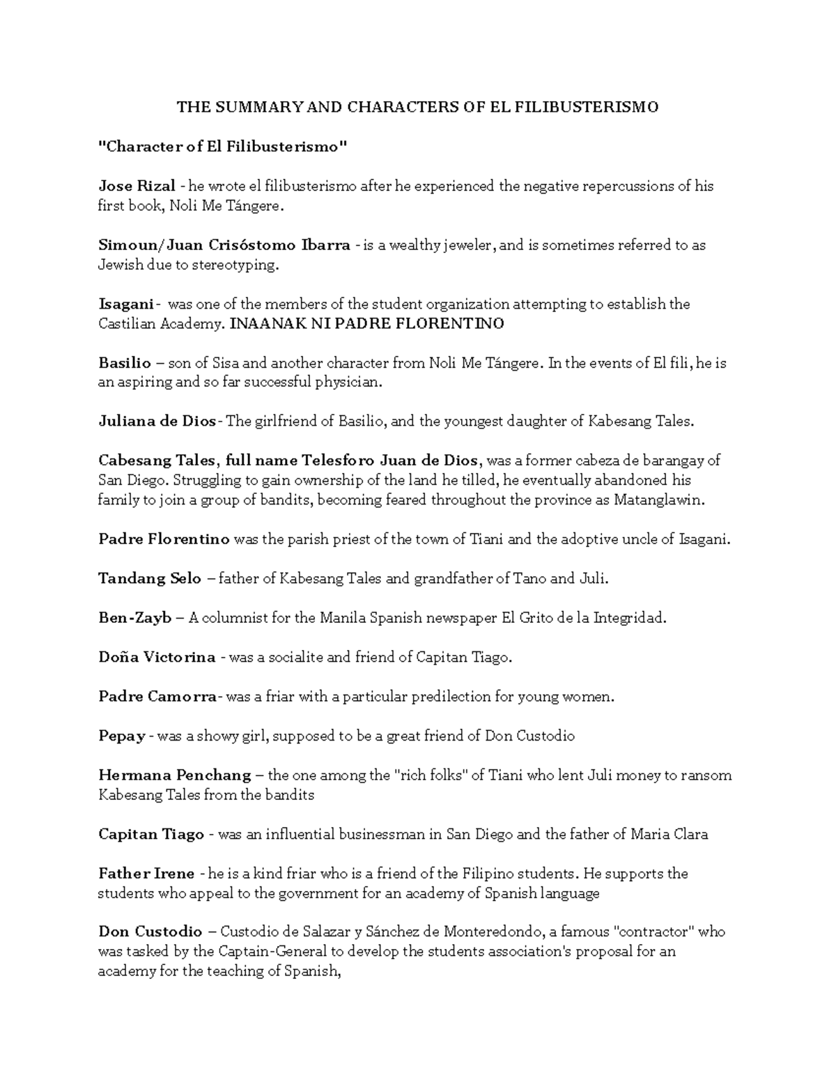 THE Summary AND Characters OF EL Filibusterismo - THE SUMMARY AND ...