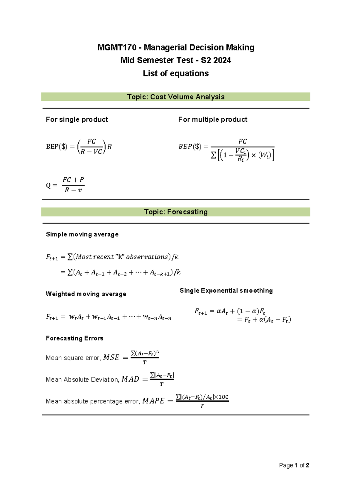 List of equations and Normal distribution Table - Mid Semester Test ...
