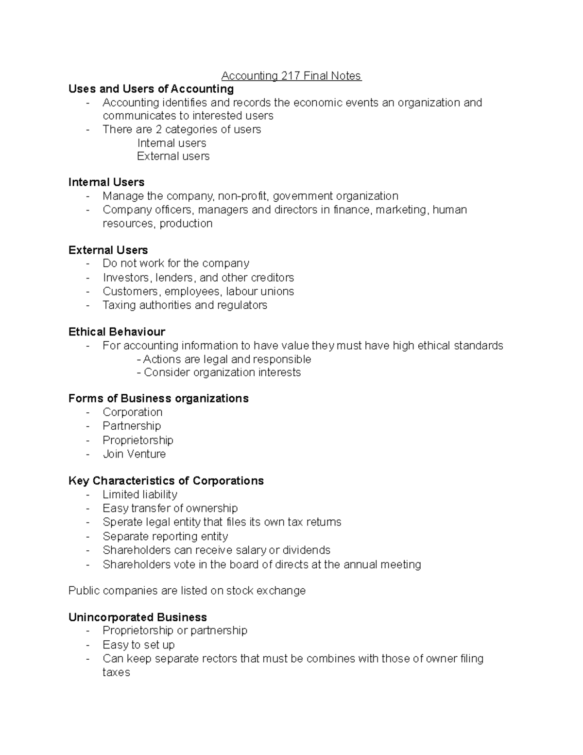 Accounting 217 Final Notes - Accounting 217 Final Notes Uses and Users ...