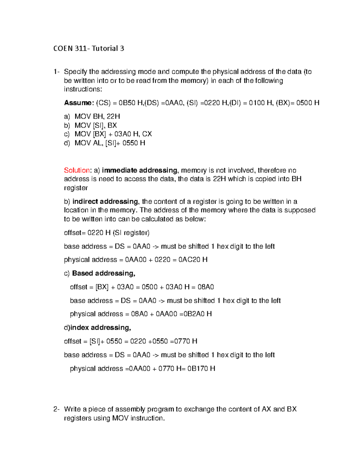 Tutorial 3 coen 311 - COEN 311- Tutorial 3 1- Specify the addressing ...