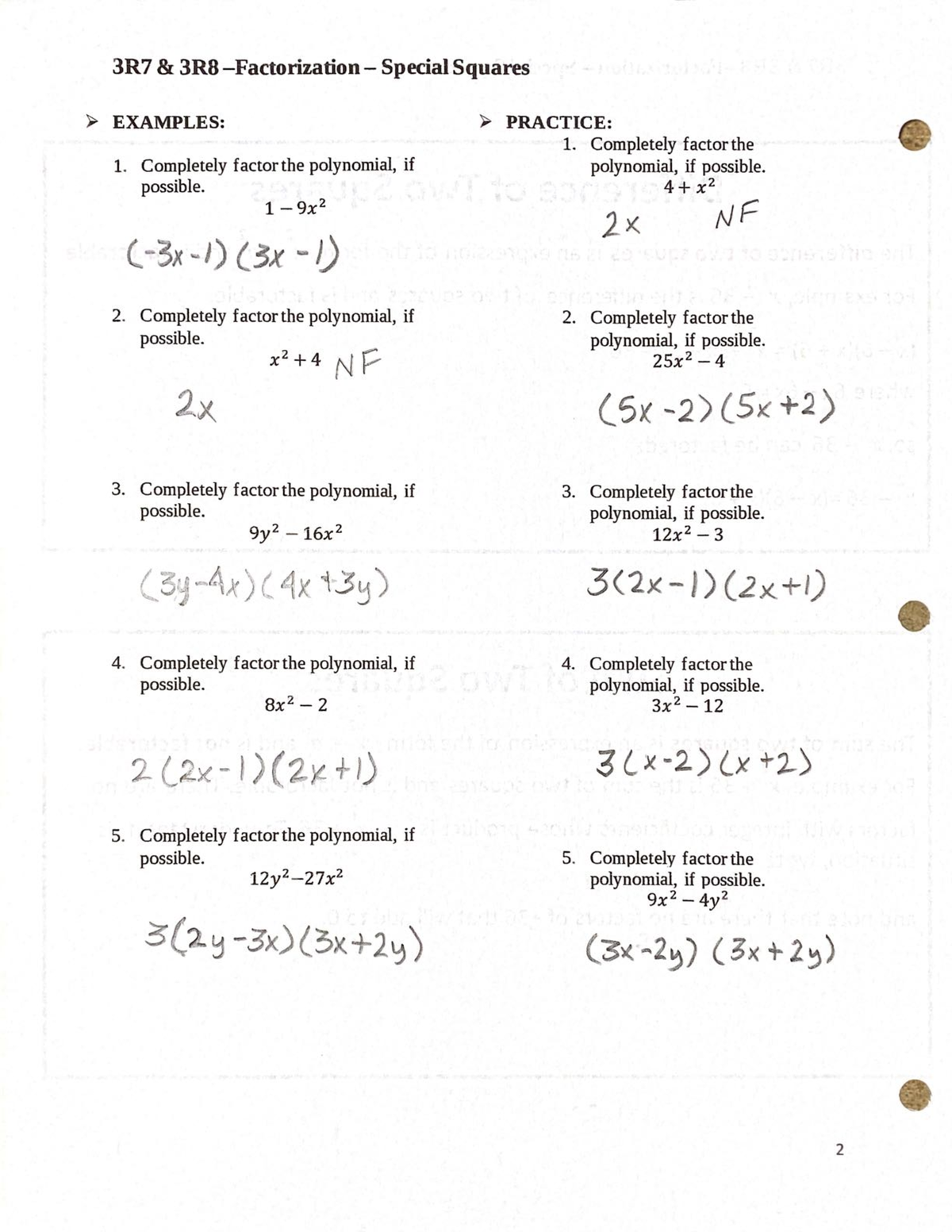 Factorization special squares - MATH 83 - Studocu