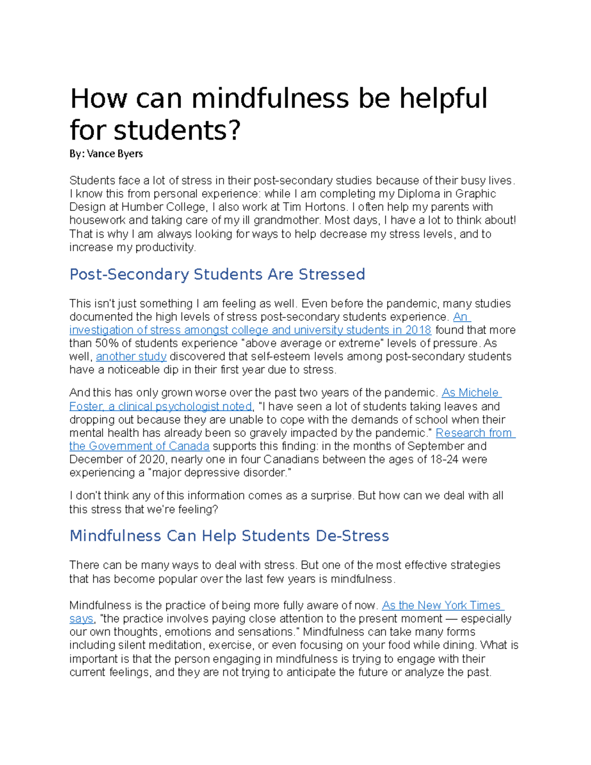 Article Assignment - Exemplar - How can mindfulness be helpful for ...