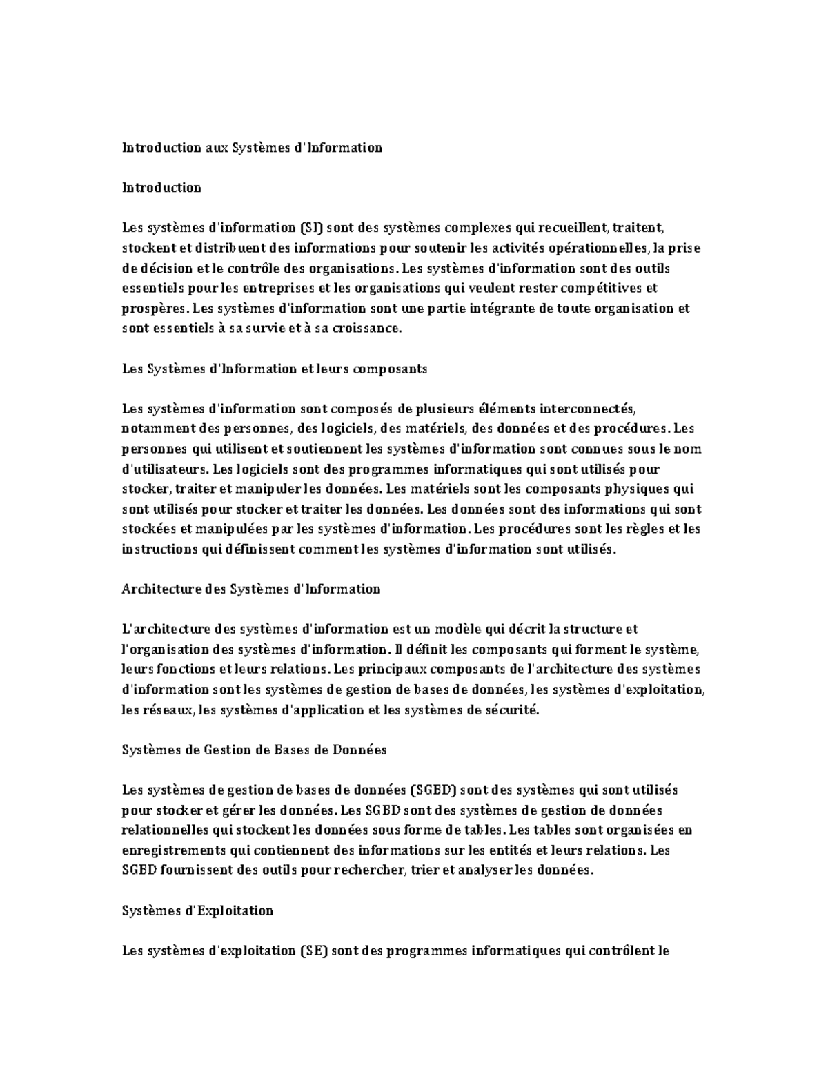 Information Systems - Introduction aux Systèmes d'Information Introduction Les systèmes - Studocu