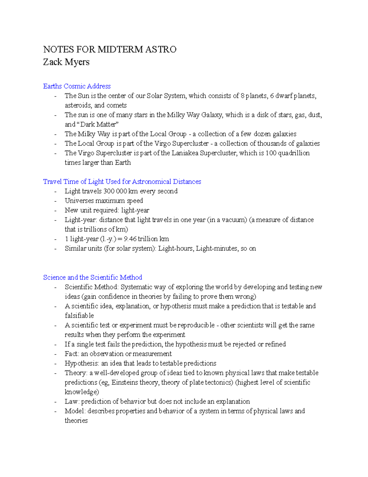 Astro 101 Mid Term Study Notes - NOTES FOR MIDTERM ASTRO Zack Myers ...