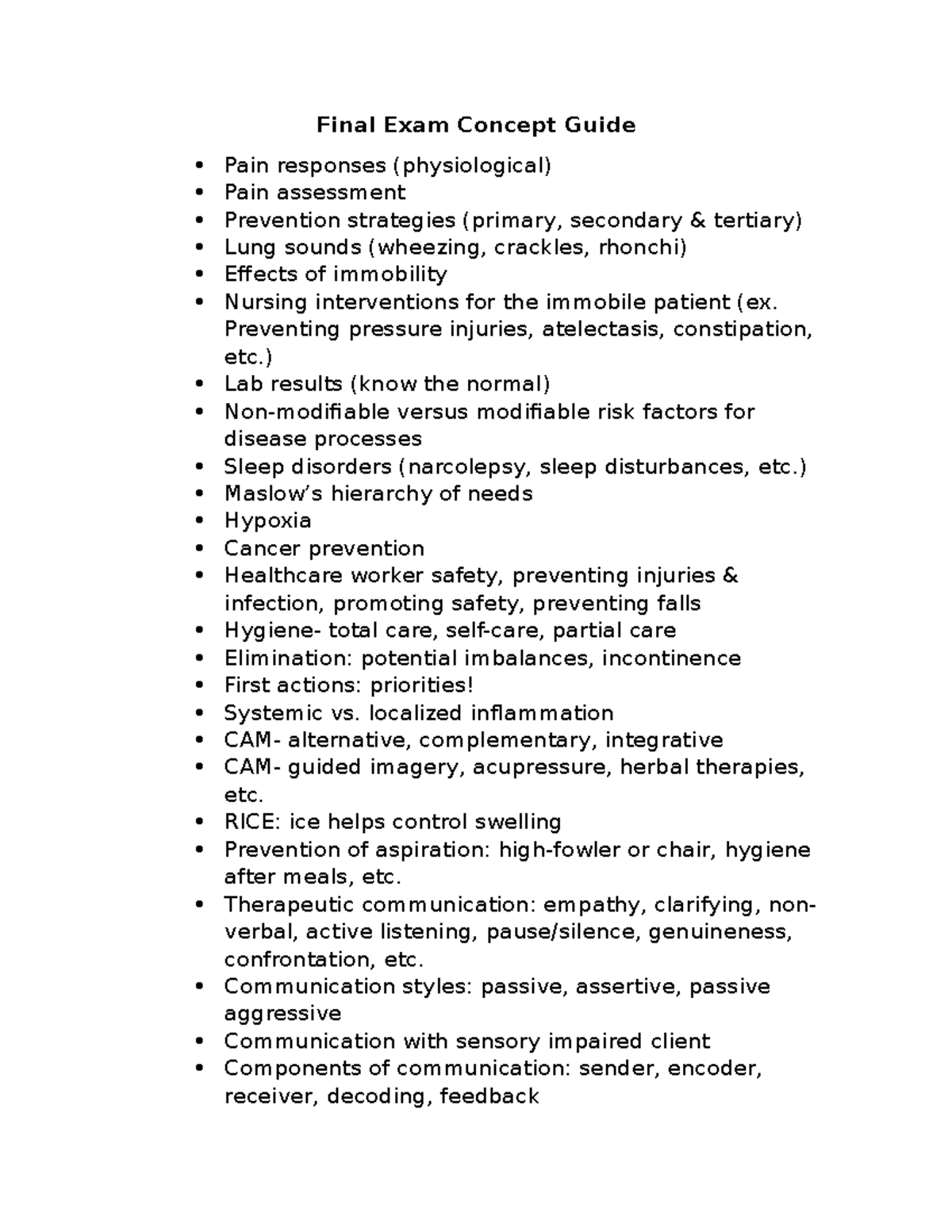 MDC1 Final Exam Concept Guide - Final Exam Concept Guide Pain responses ...