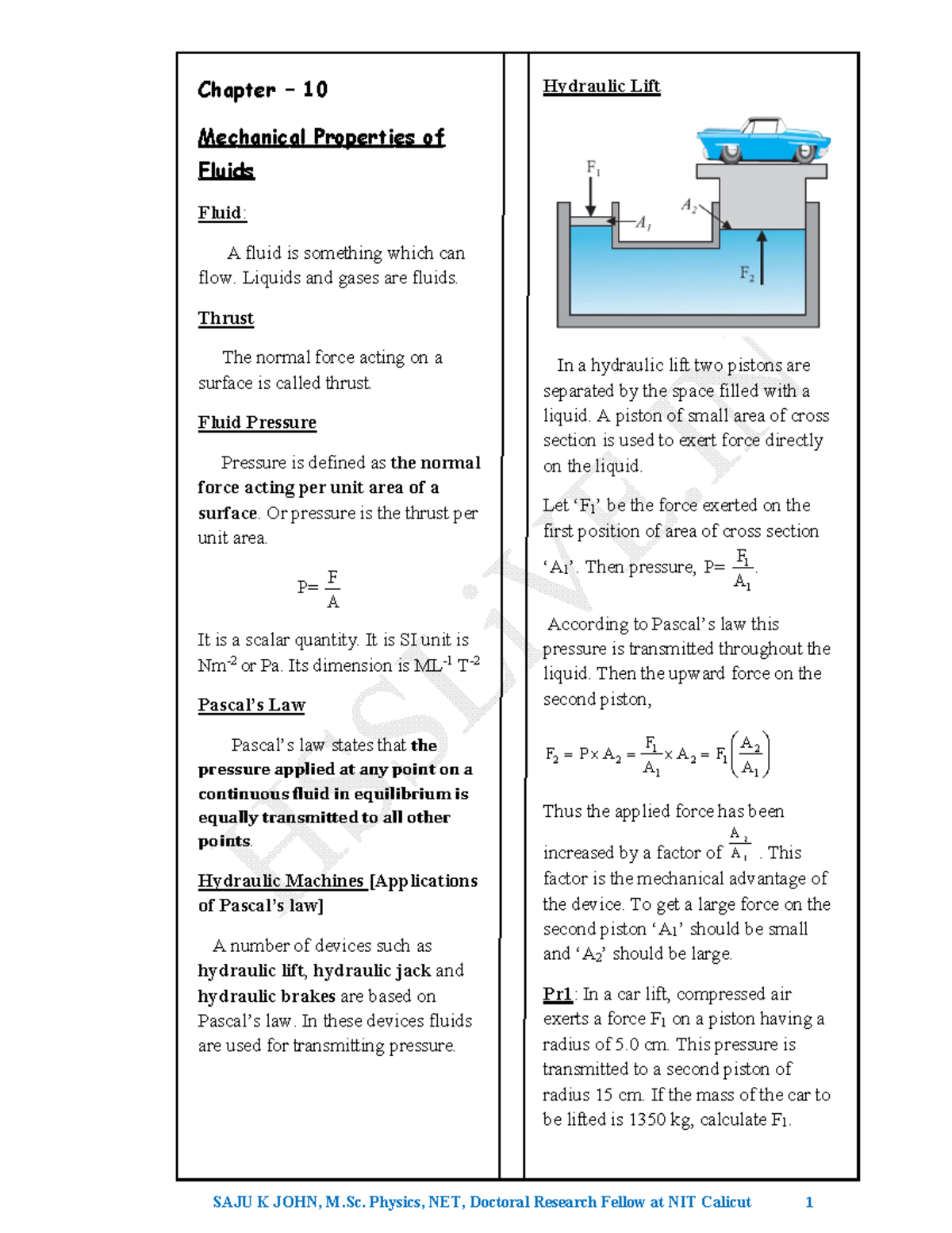 Chapter 10- Fluids - Chapter – 10 Mechanical Properties of Fluids Fluid ...