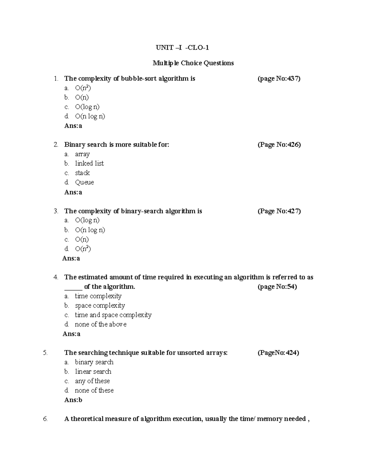 Qb Unit I Unit 1 Question Bank Unit I Clo Multiple Choice Questions The Complexity Of