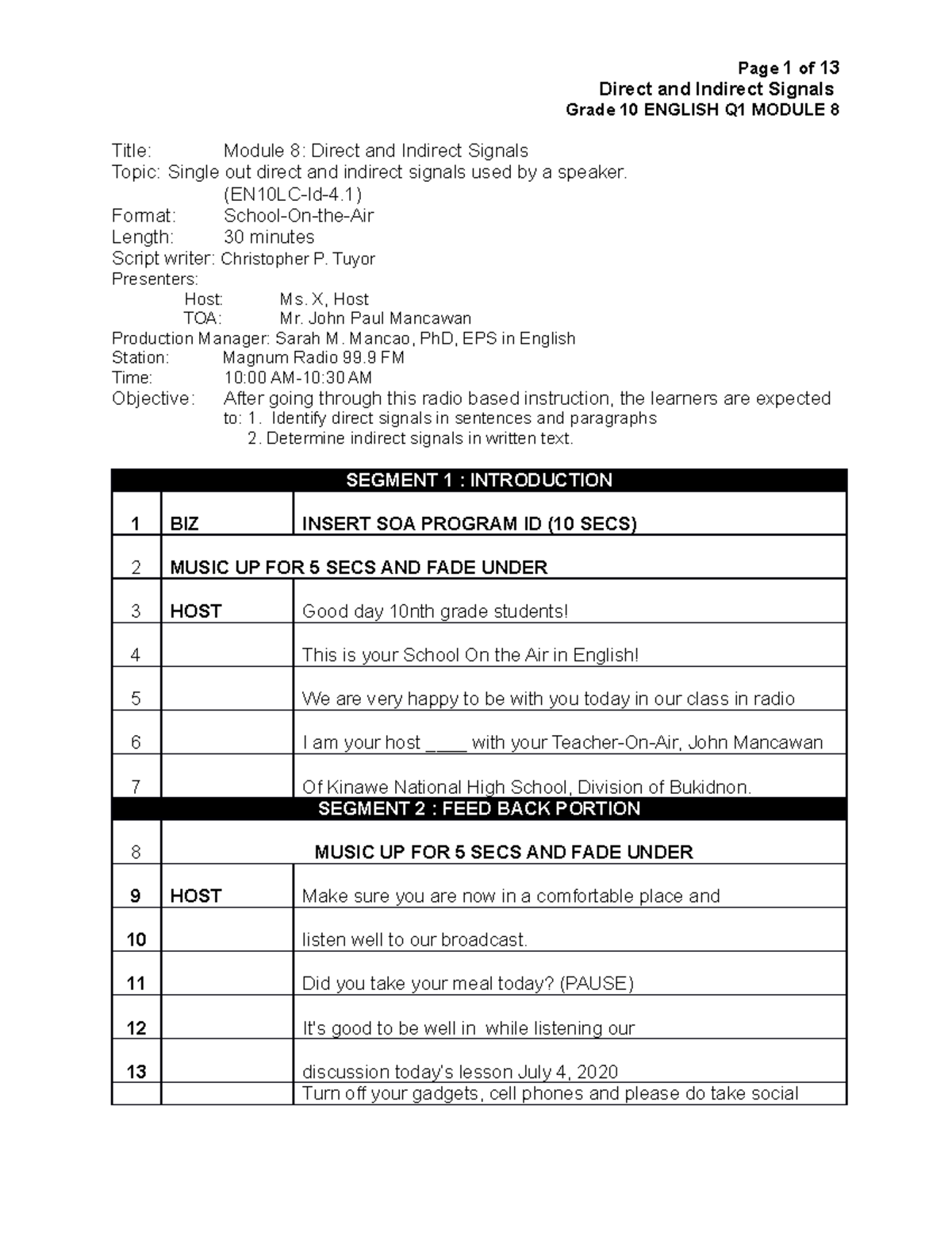 RBI Script English direct indirect Secondary G10 - Grade 10 ENGLISH Q1 ...
