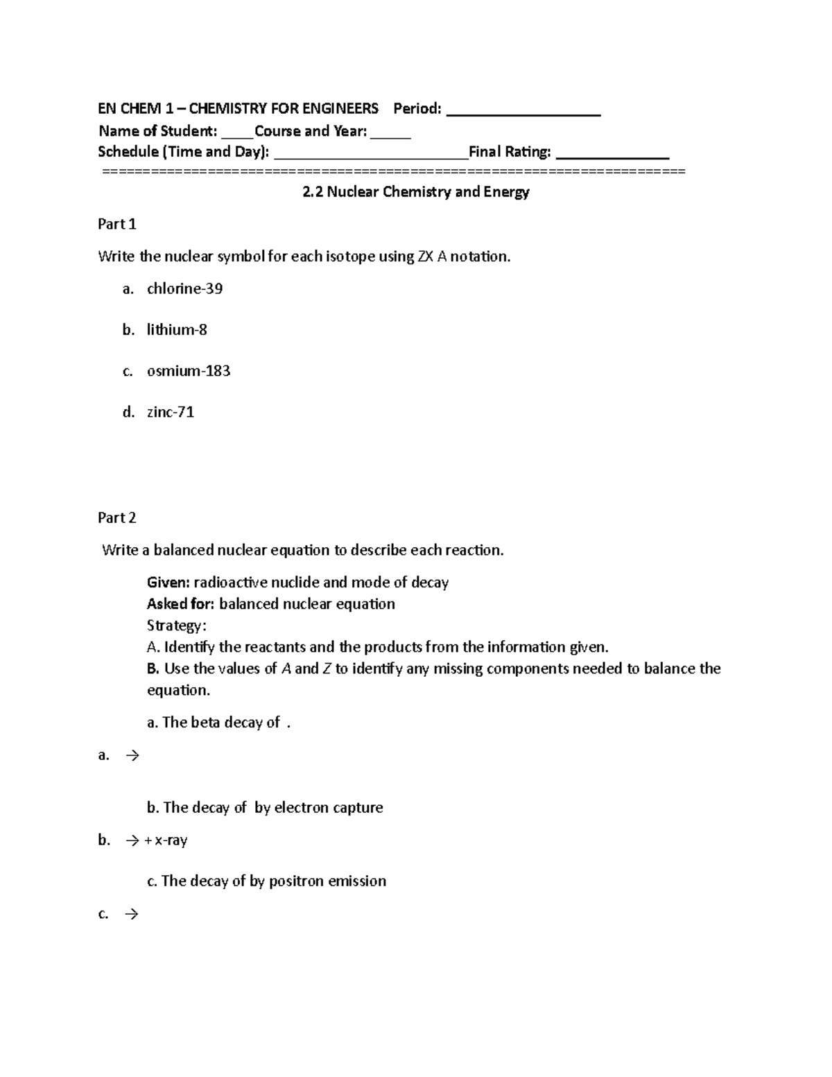 EN CHEM 1, nuclear chemistry Feedback - EN CHEM 1 – CHEMISTRY FOR ...