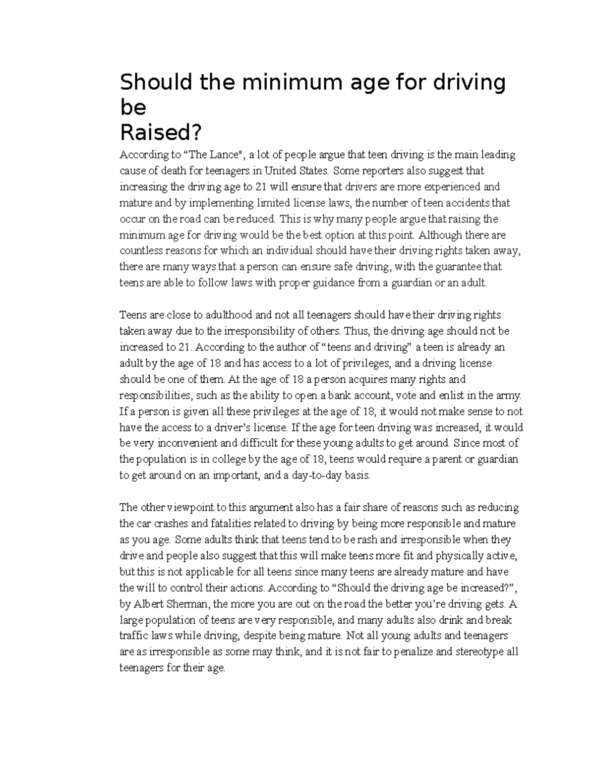 Argumentative essay 2 - Should the minimum age for driving be Raised ...