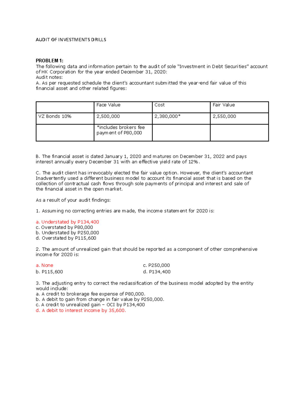 Anskey Audit OF Investments Drills - AUDIT OF INVESTMENTS DRILLS ...