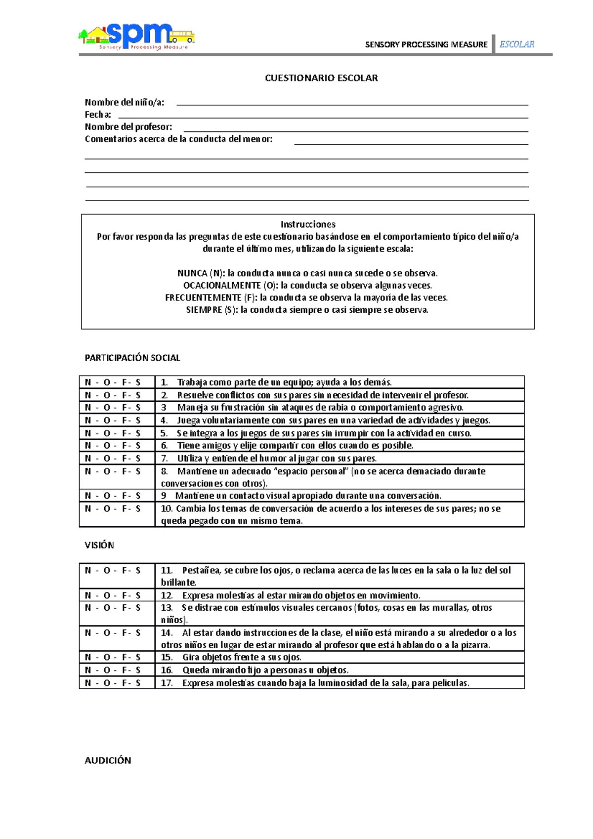 SPM 5 a 12 Escolar 1 puntaje T - SENSORY PROCESSING MEASURE ESCOLAR ...
