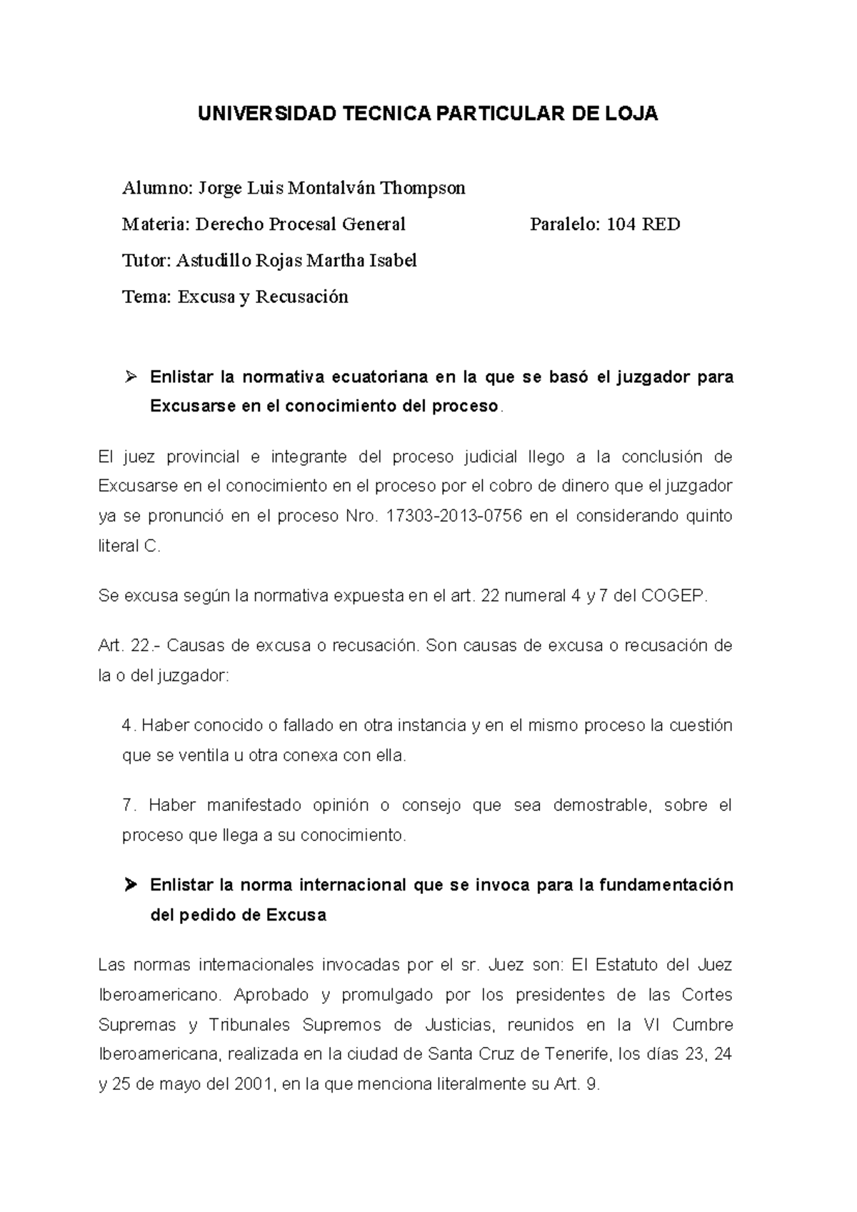 Excusa Y Recusacion - UNIVERSIDAD TECNICA PARTICULAR DE LOJA Alumno ...