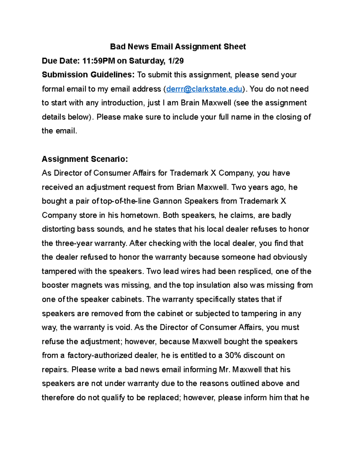Bad News Email Assignment Sheet - You do not need to start with any ...