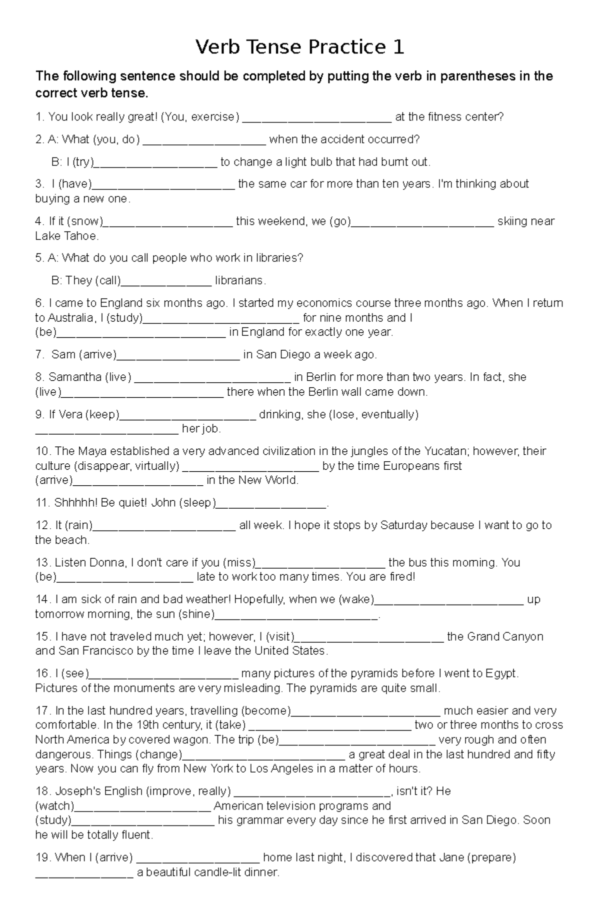 Practice book for Verb & Present Tense - Verb Tense Practice 1 The ...