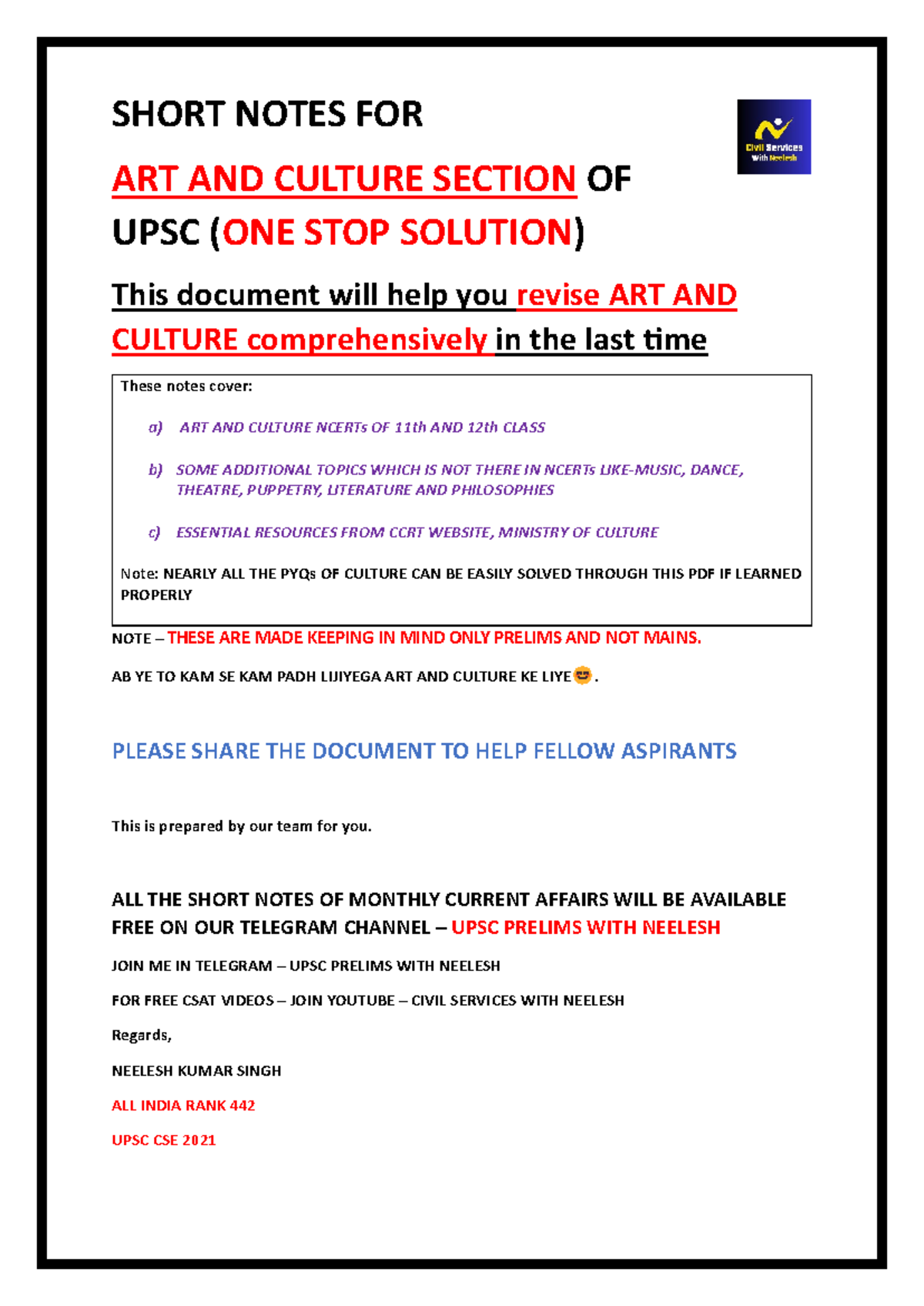 Art and Culture for Prelims in 33 pages - SHORT NOTES FOR ART AND ...