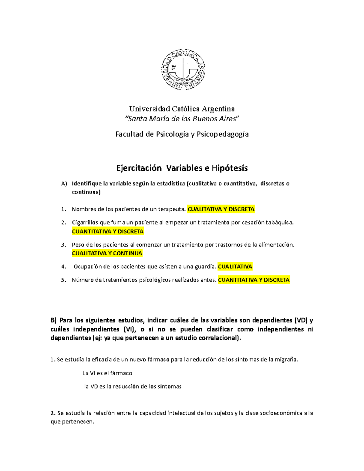 Ejercicio variables e hipótesis - Universidad Católica Argentina “Santa ...