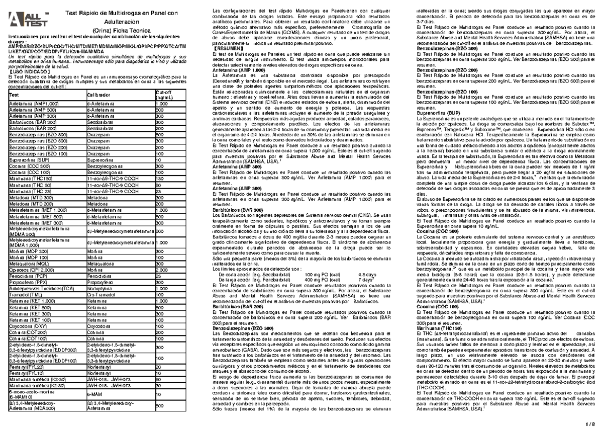 Panel de Multidrogas All Test - Test Rápido de Multidrogas en Panel con ...