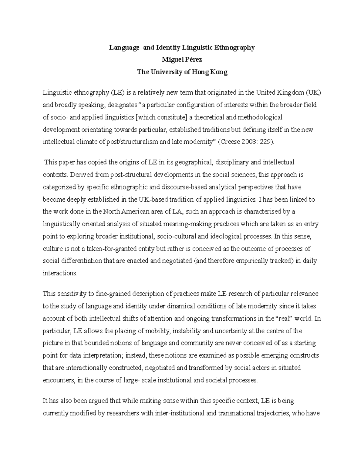 Language and Identity Linguistic Ethnography - This paper has copied ...