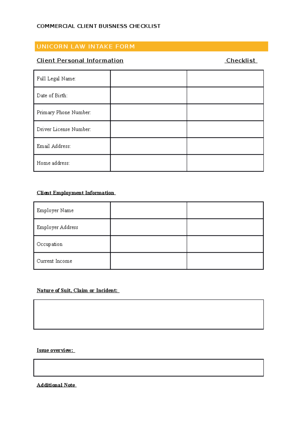 Client Information Checklist 308 - COMMERCIAL CLIENT BUISNESS CHECKLIST ...