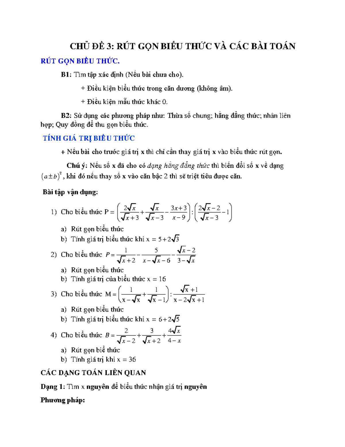 Chủ đề 3 Căn thức - .,jklj - CHỦ ĐỀ 3 : RÚT GỌN BIỂU THỨC VÀ CÁC BÀI ...
