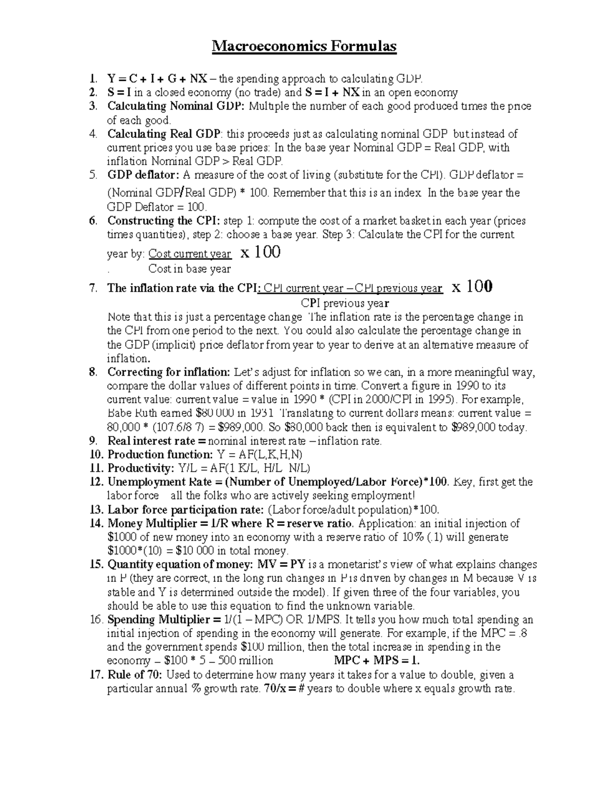 Macro-Formulas - Work - Macroeconomics Formulas Y = C + I + G + NX ...