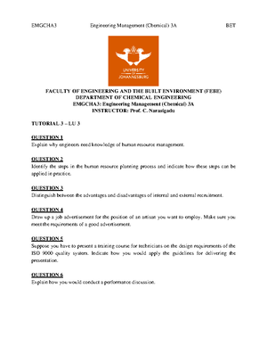 Tut 2 - Engineering management for chemical engineering - FACULTY OF ...