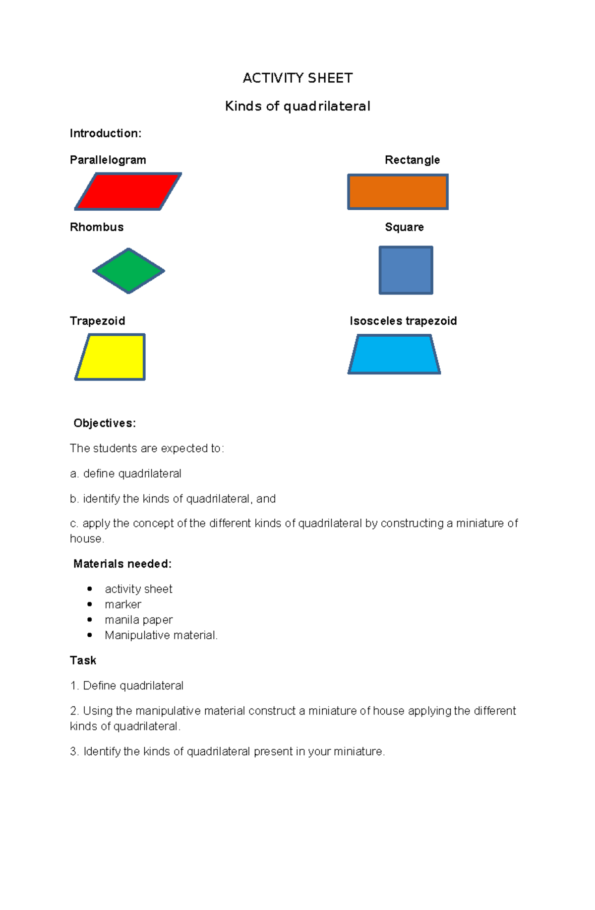 4th Activity Sheet - ACTIVITY SHEET Kinds of quadrilateral Introduction ...
