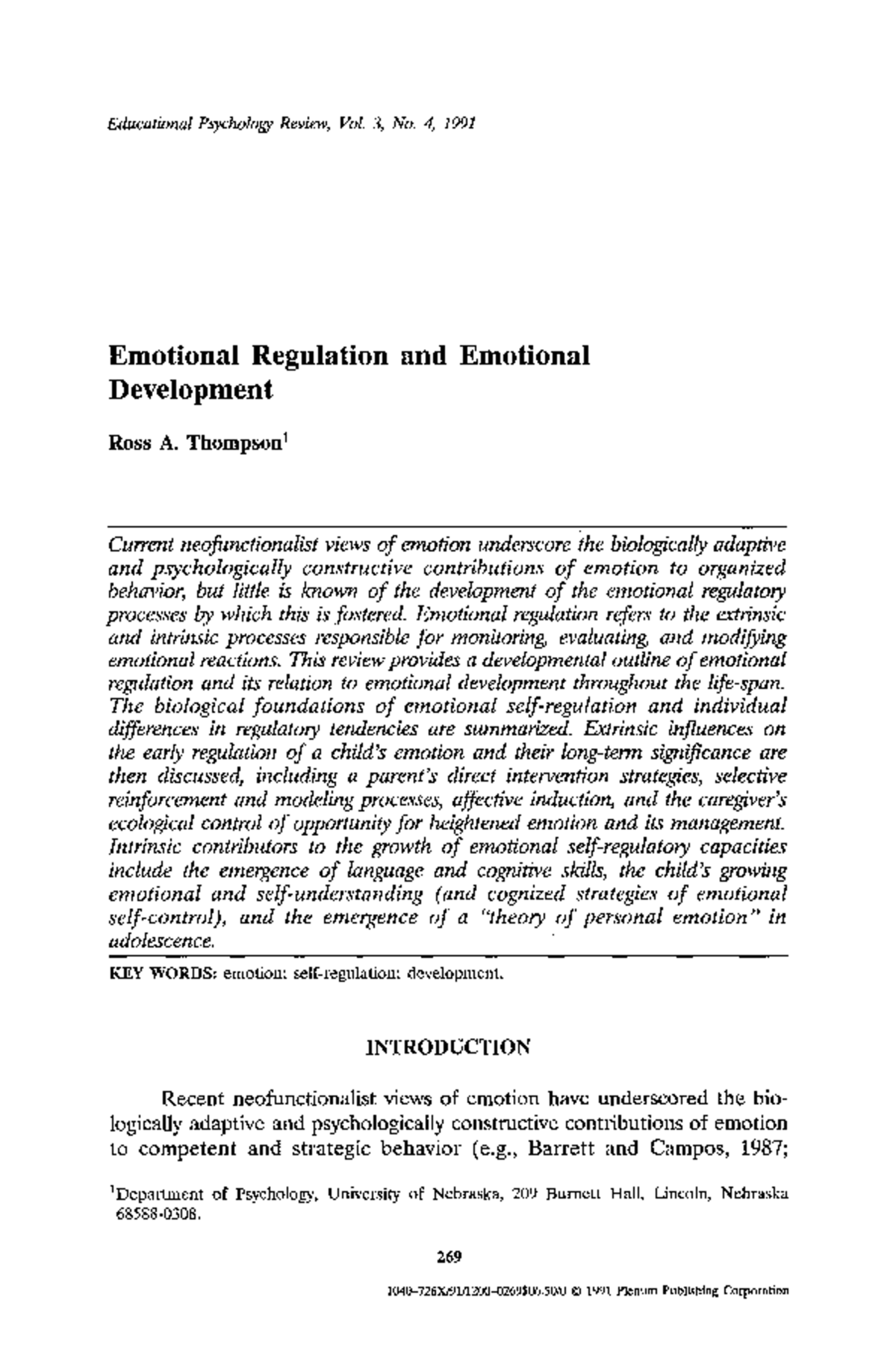 Emotional Regulation Article - Educational Psychology Review, Vol. 3 ...