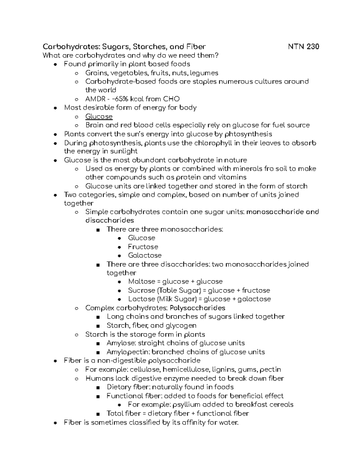 Ch. 4 Carbohydrates Sugars, Starches, and Fiber - NTN 230 - Prof ...
