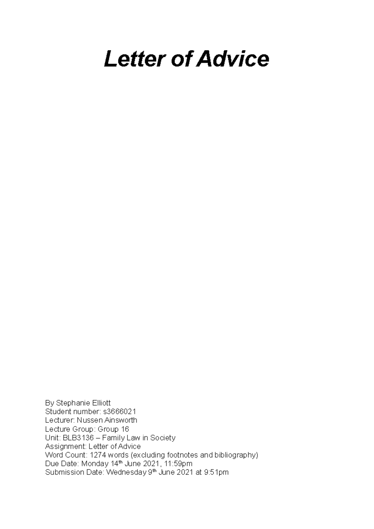 Part A - Letter of Advice - Letter of Advice By Stephanie Elliott ...